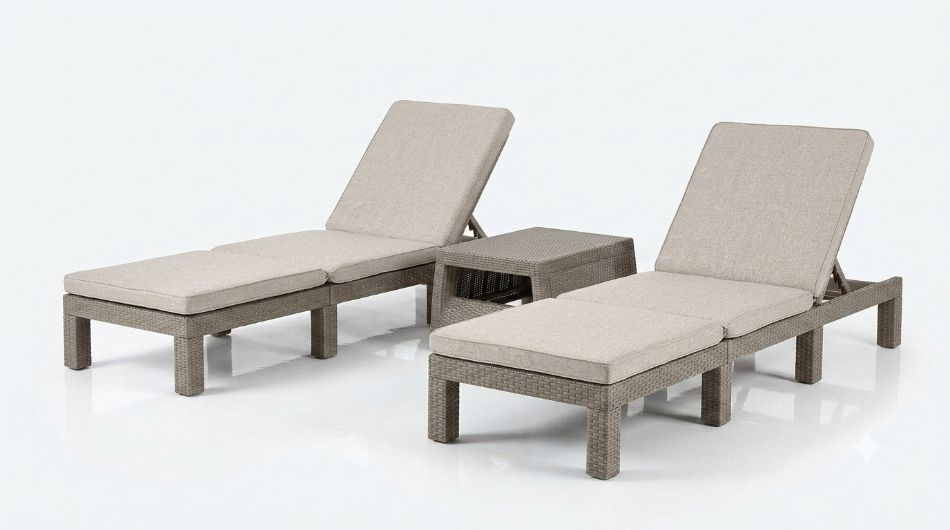 Шезлонг Keter Daytona Delux, бежевый, 2 шт + стол Elfplast, складной, с регулировкой наклона, с матрасом