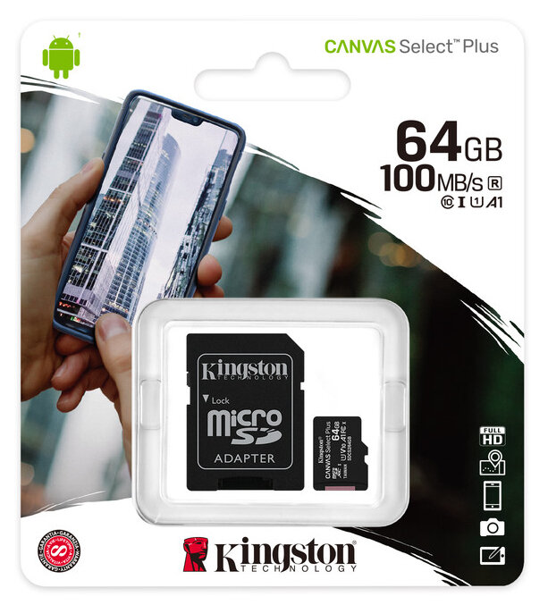 Флеш карта microSDHC 64Gb Class10 Kingston SDCS2/64GB Canvas Select Plus (с адаптером)