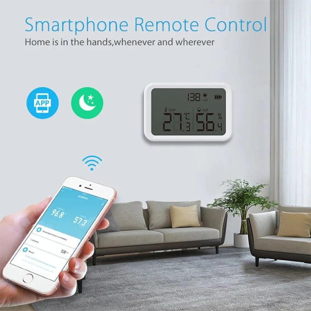 Для Tuya Wifi Датчик Температуры Влажности Детектор Освещенности Lux С ЖК-Экраном