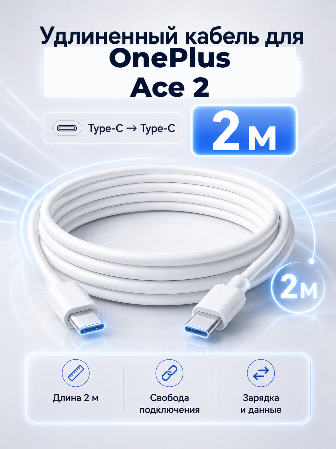 Удлиненный кабель для OnePlus Ace 2 Type-C на Type-C, 2 м