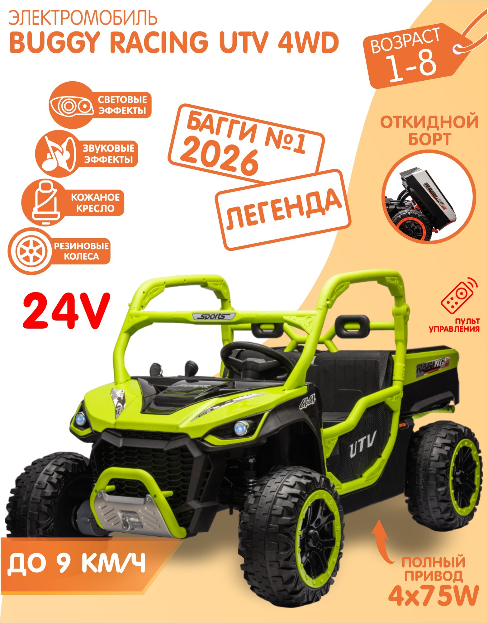 Детский электромобиль RACING UTV полный привод с багажником 4x4 + пульт