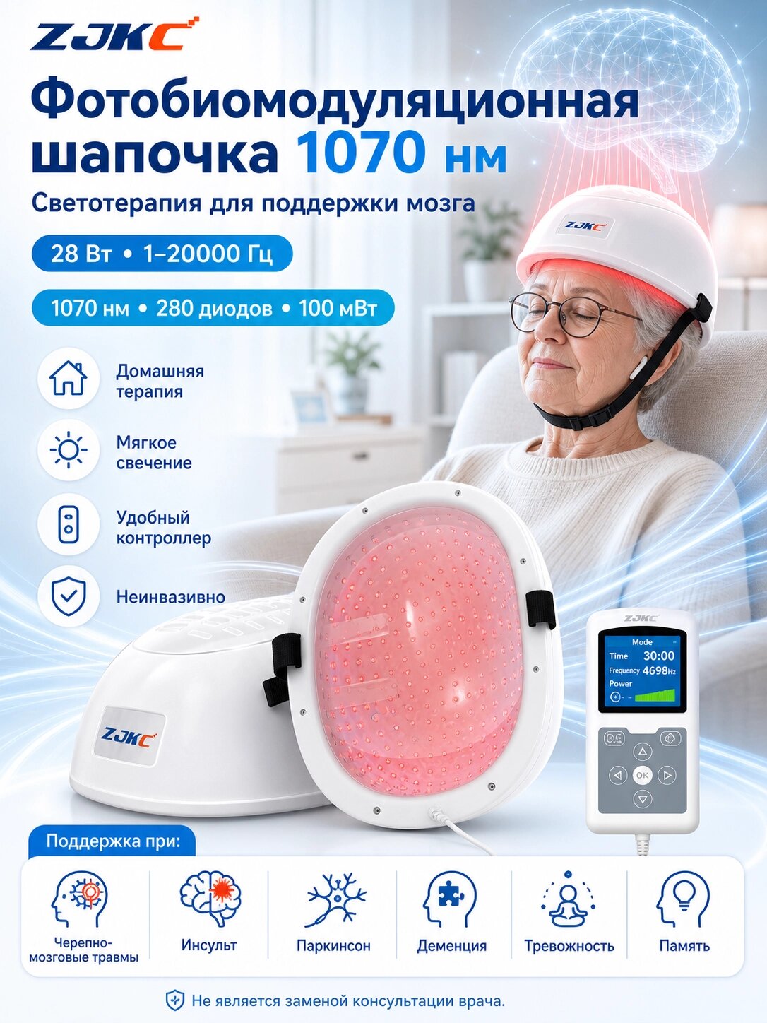 ZJKC LH280-B 28 Вт перезаряжаемый транскраниальный шлем 40 Гц гамма-волн, стимулятор мозга для поездок