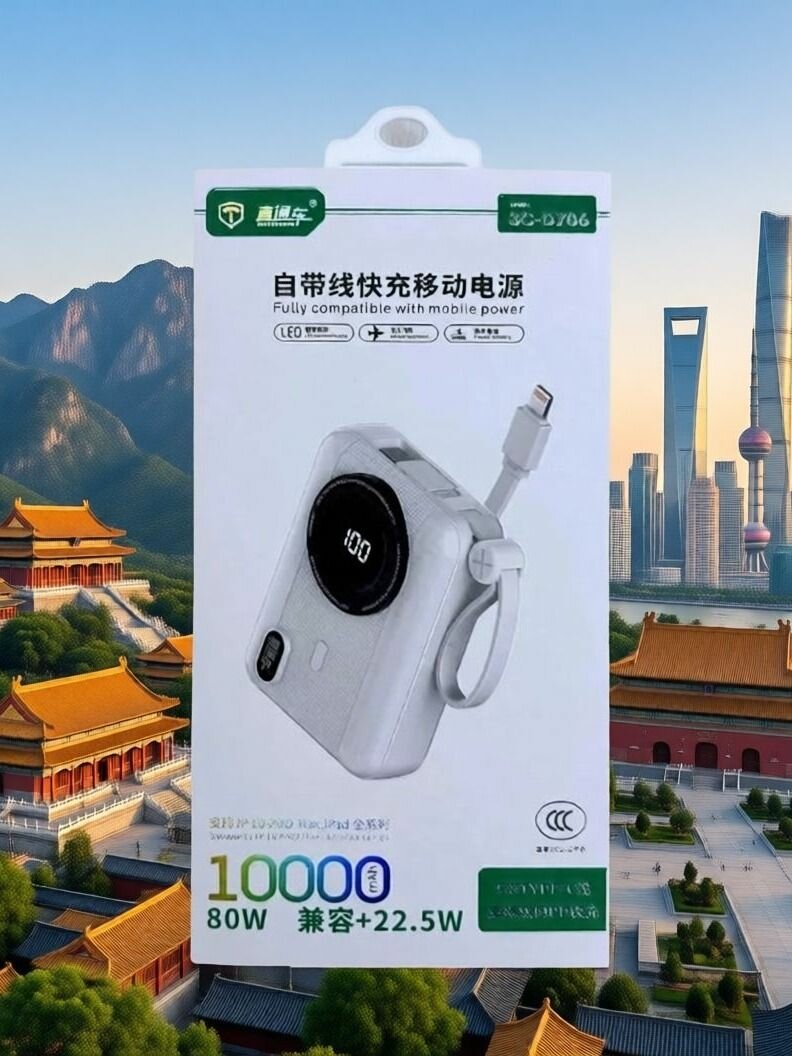 Внешний аккумулятор с сертификатом CCC и быстрой зарядкой, 10000 mAh, 3 A, Type-C, Lighting