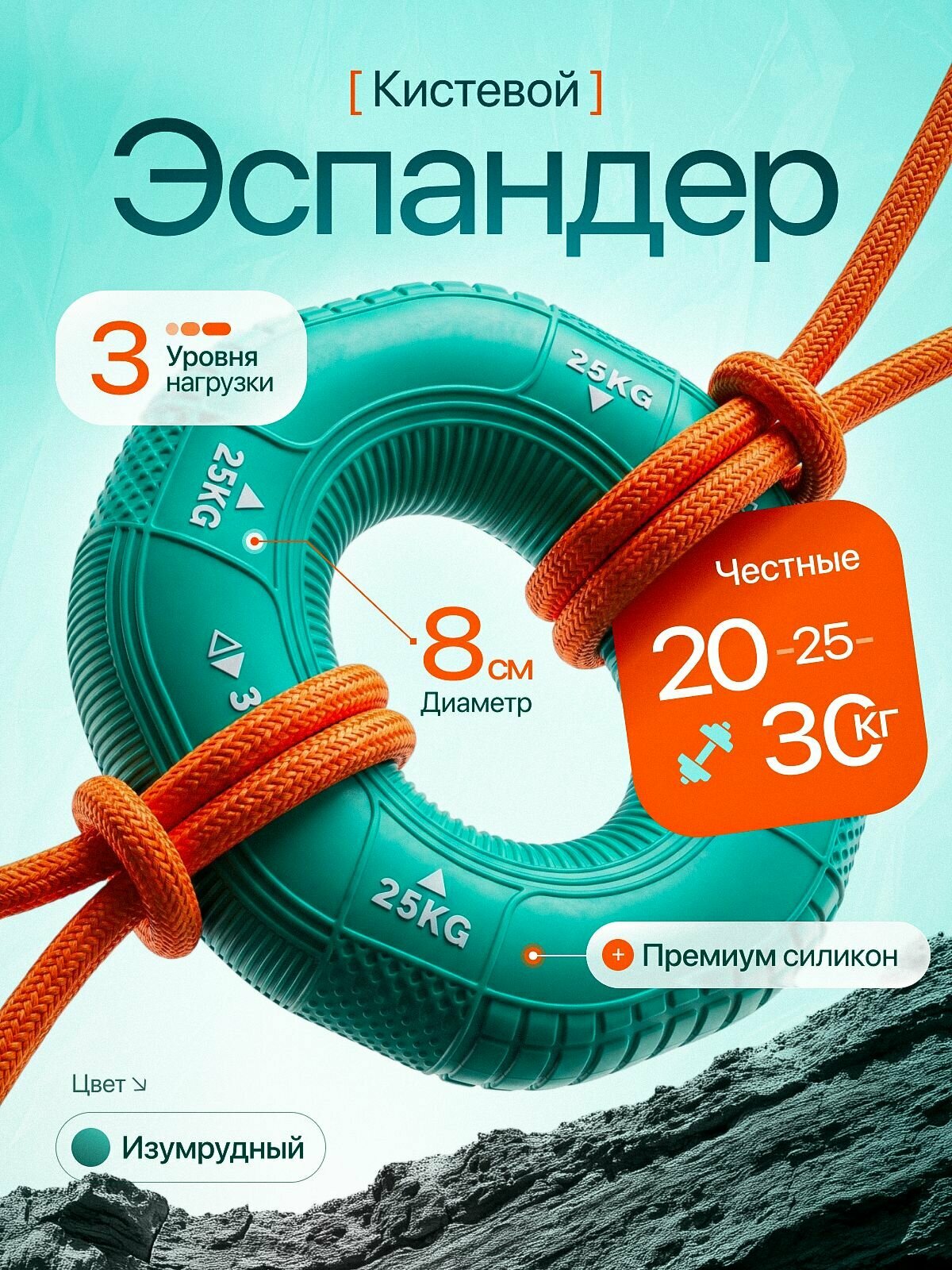 Эспандер кистевой резиновый 20-25-30 кг, тренажёр для рук, кисти и пальцев, круглый бублик-кольцо, 3 уровня нагрузки, бирюзовый, для мужчин и подростков