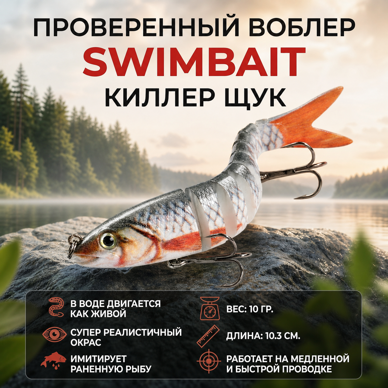 Рыболовный воблер Swimbait тонущий свимбейт, имитирующий раненую рыбу, приманка на щуку, окуня, судака, хищника 10 гр. 10.3 см (Цвет товара: серебристо-оранжевый; Длина: 10.3 см)
