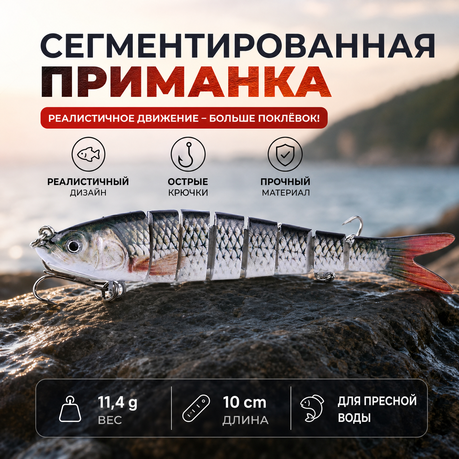 Сегментированная приманка для хищника (на окуня, судака, щуку) реалистичного движения – 11,4г / 10см / 8 сегментов, с острыми крючками и прочным материалом, для пресной воды