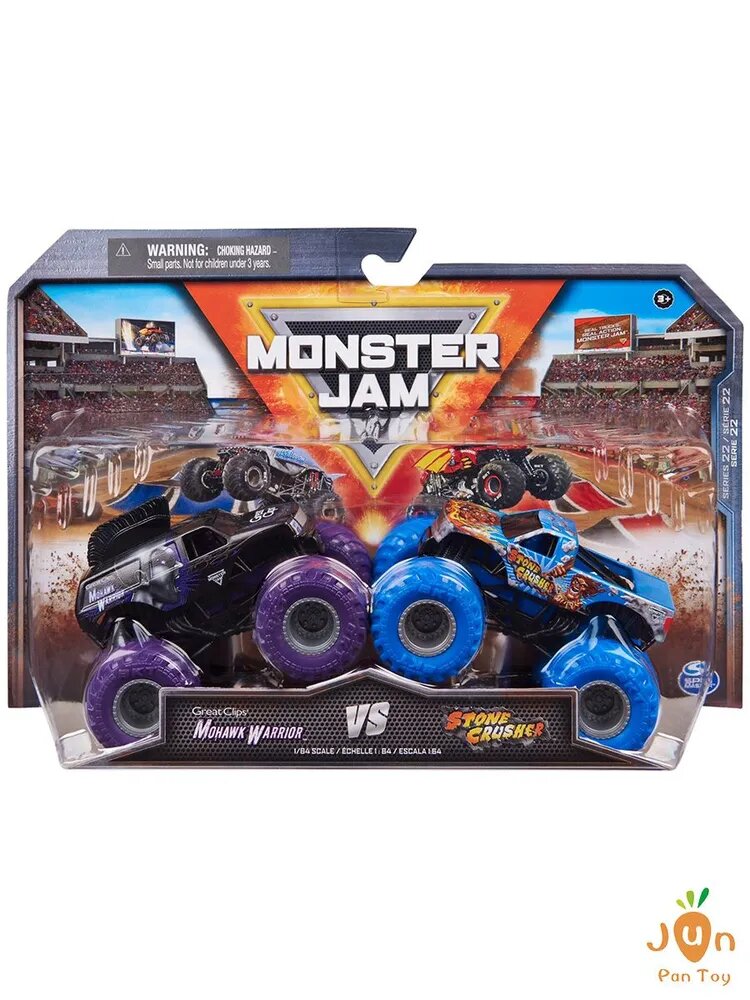 Monster Jam 2-Pack Series 22 Mohawk Warrior vs Stone Crusher / Детский игровой набор: две металлические машинки масштаба 1:64 с качественной детальной покраской. Отличный подарок для коллекции.