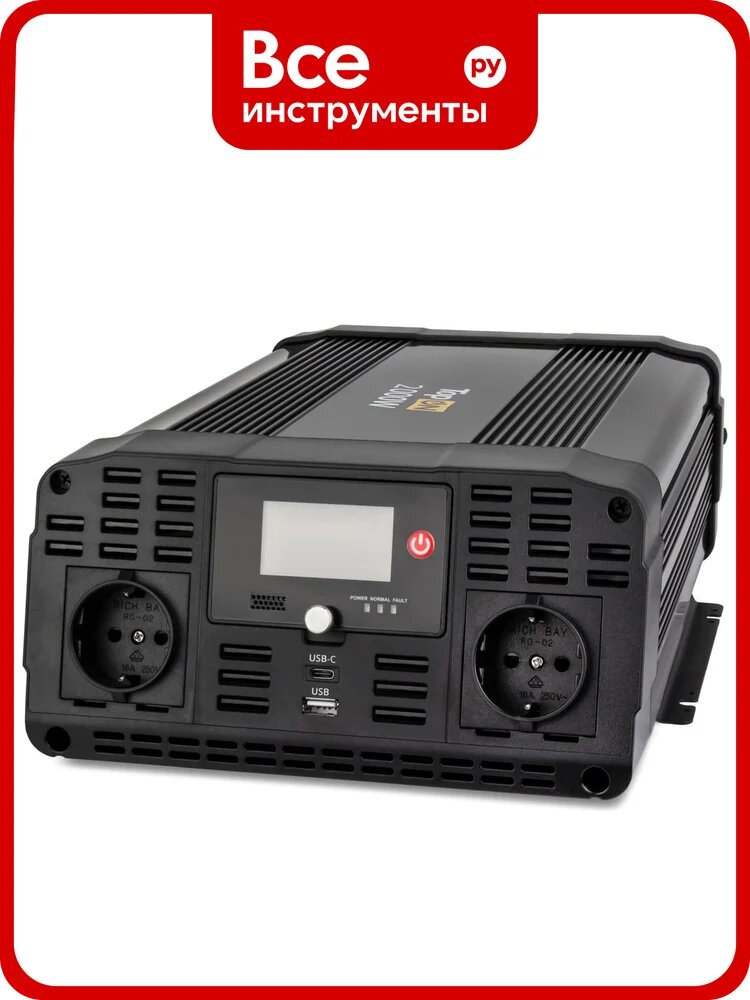 Автомобильный инвертор TopON 2000W 2 розетки, чистый синус, Type-C PD, USB QC, LCD экран, пиковая мощность 4000W Черный TOP-PI2000
