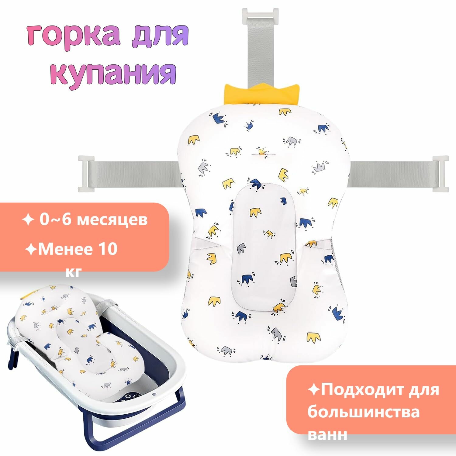 Гамак для купания новорожденных MELL в ванночку / мягкая горка с креплениями для поддержки для малышей / купальный матрасик - подставка для мытья ребенка