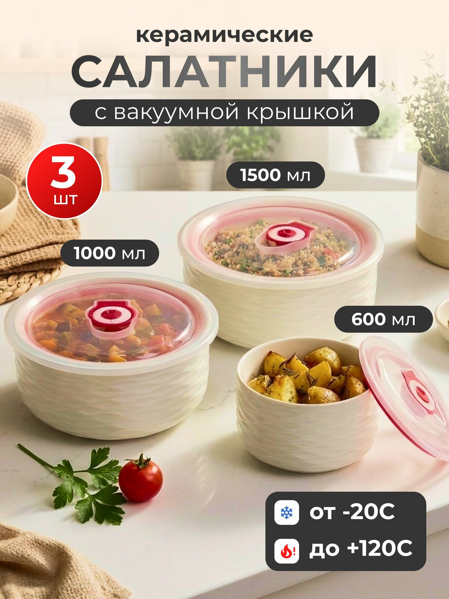 Набор салатников керамика 3 шт с крышками Волны белый 15.5х8 13х7 10х6 см для кухни сервировки и хранения Y4-9754