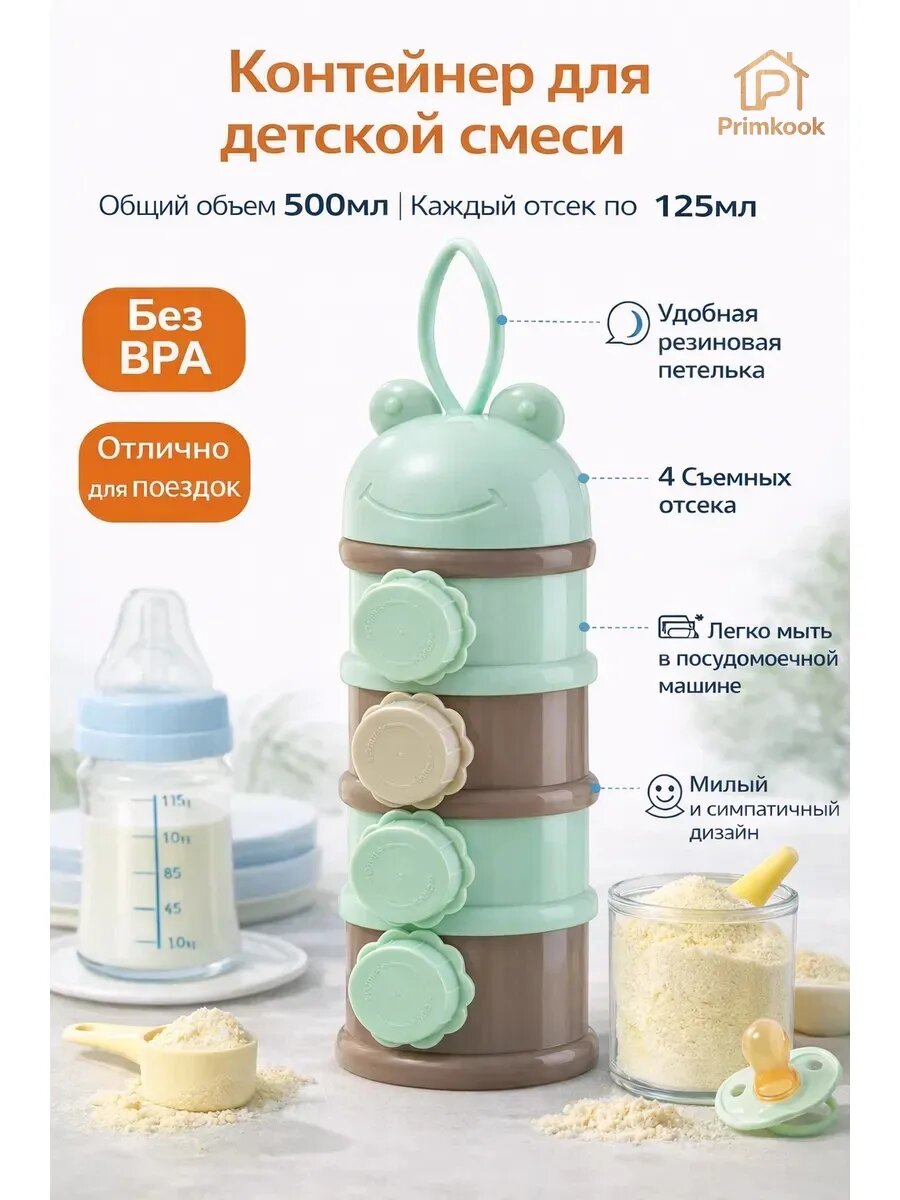 Контейнер-дозатор для хранения сухой смеси 5 отсеков, зеленый