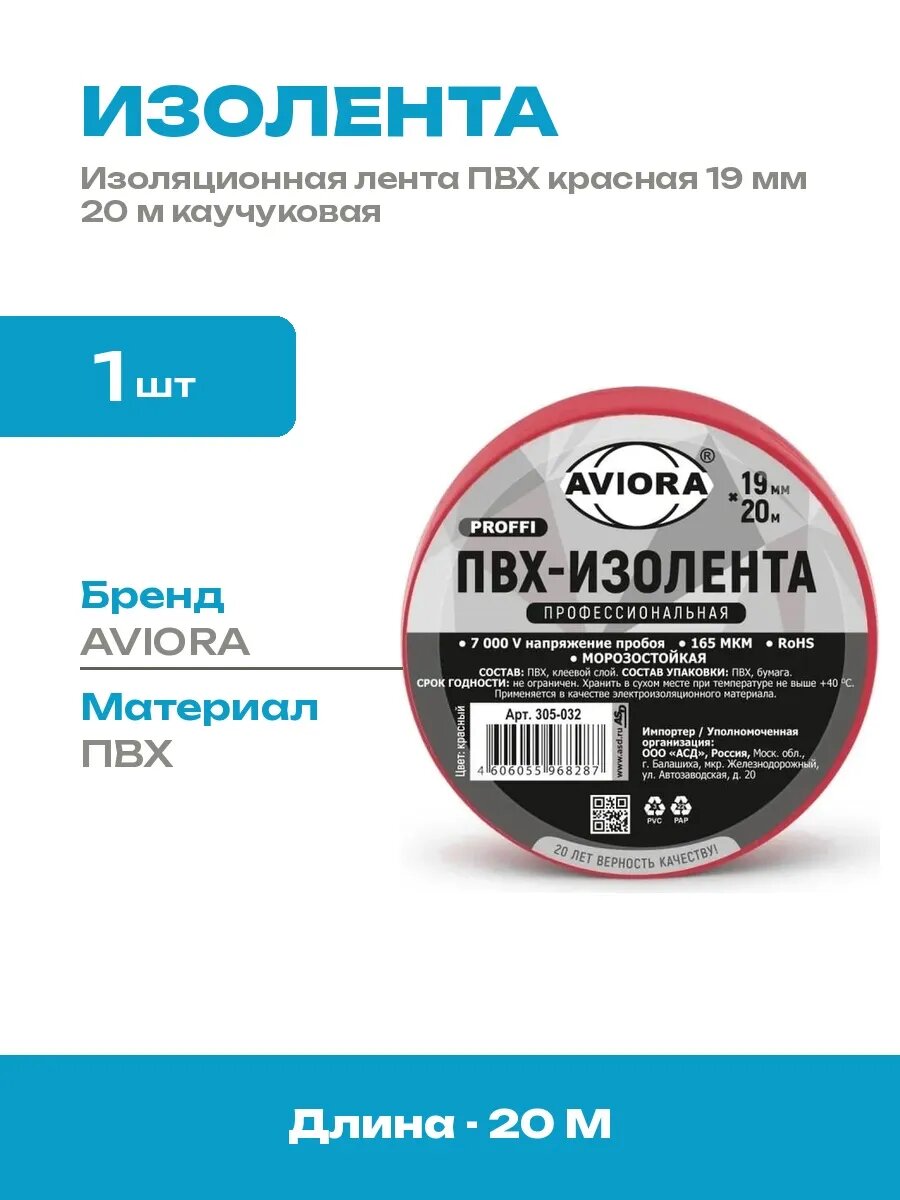 Изолента ПВХ 19 мм 20 м красная морозостойкая для проводов