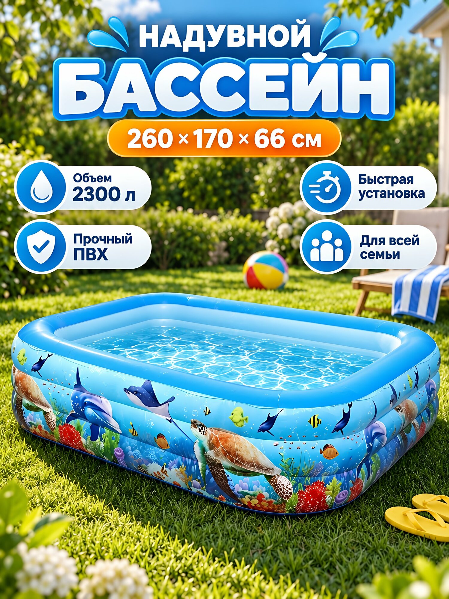 Бассейн надувной прямоугольный 260х170х66 см, 2300 л, ПВХ, синий, SP003