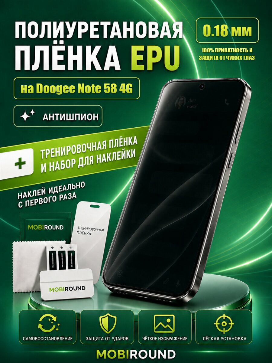 Полиуретановая пленка для Doogee Note 58 4G, антишпион (глянец) Толщина: 0.18 мм
