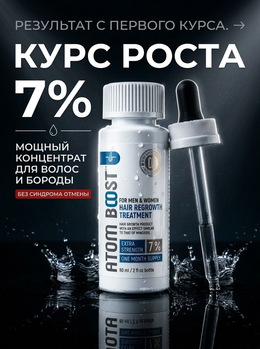 ATOM 7% Лосьон для роста волос и бороды. Усиленная сыворотка - концентрат от выпадения волос, USA QUALITY