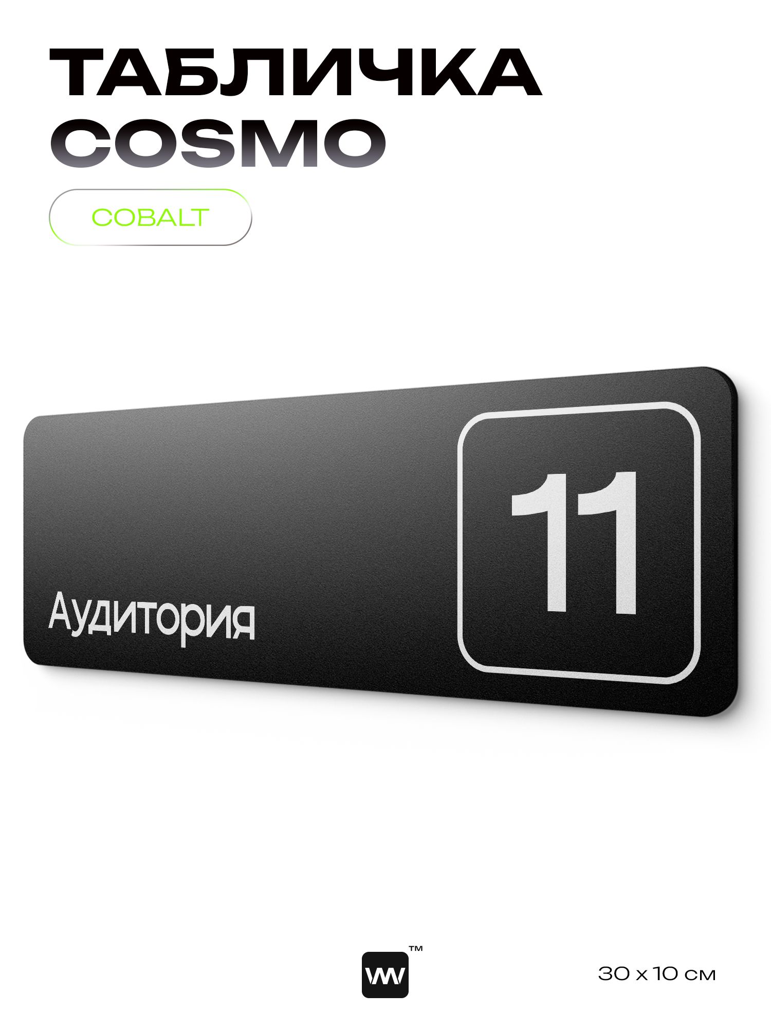 Таблички с номером аудитории "Аудитория №11", для офиса, 30 х 10 см, серия COSMO 3010, черная, Айдентика Технолоджи
