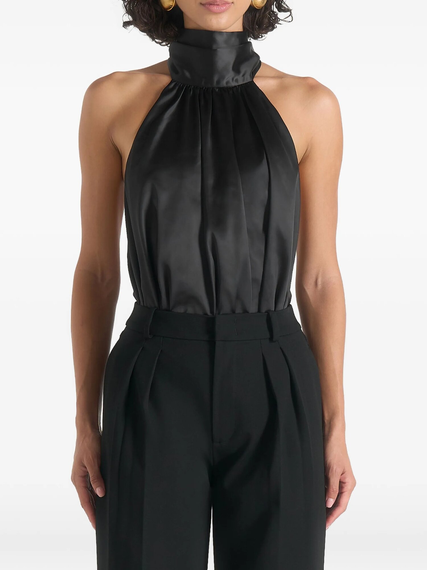 Комбинезон Phoebe in black satin tie-neck blouson open back bodysuit