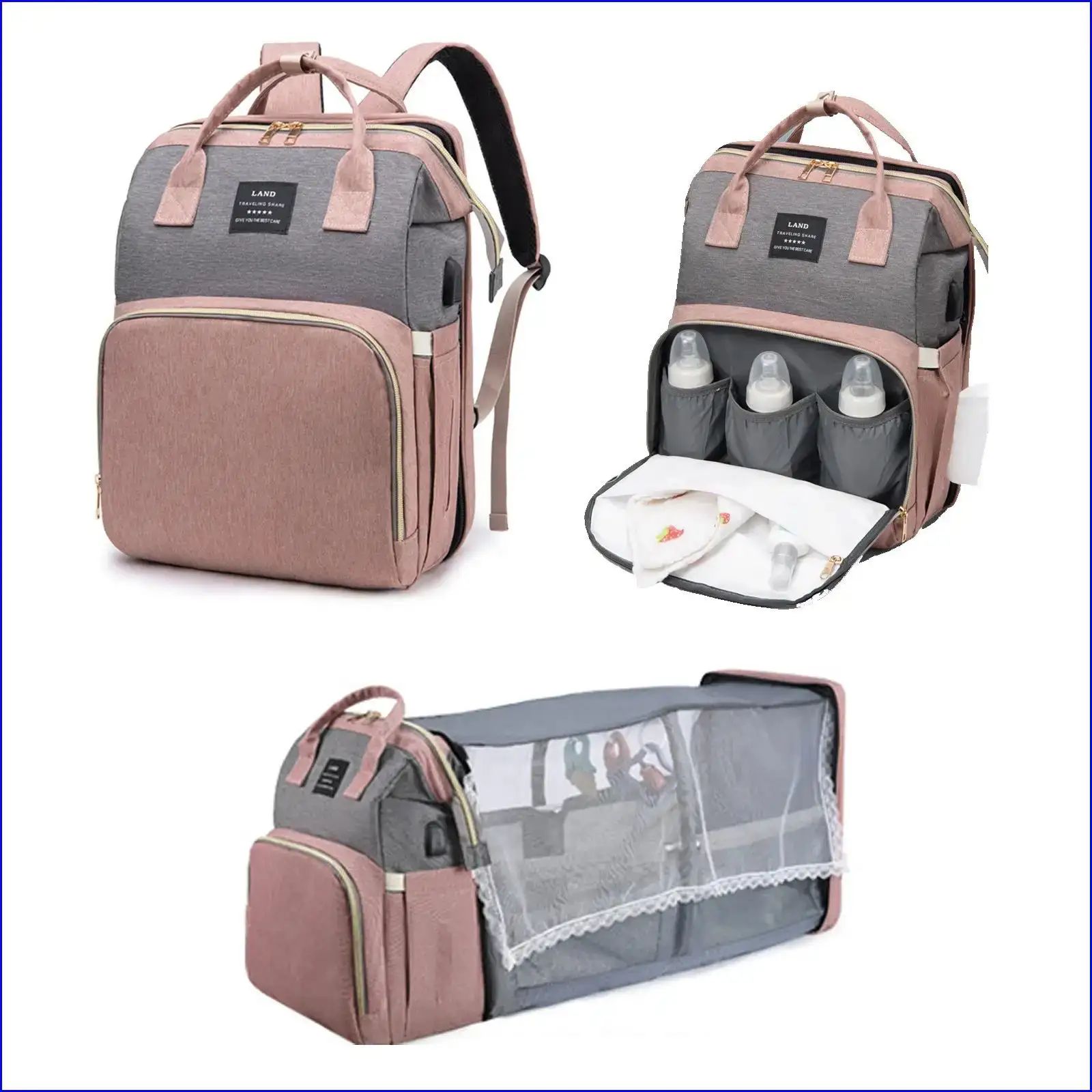 Рюкзак 3-1 Diaper Baby Bag, большая вместимость, складная детская кроватка для путешествий для девочек и мальчиков (розовый)