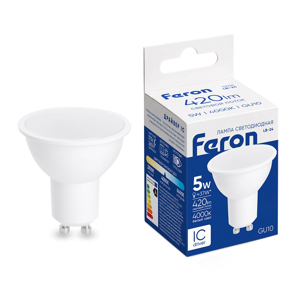 Лампа светодиодная Feron LB-24 MR16 GU10 5W 175-265V 4000K комплект 5 штук , FERON 51216
