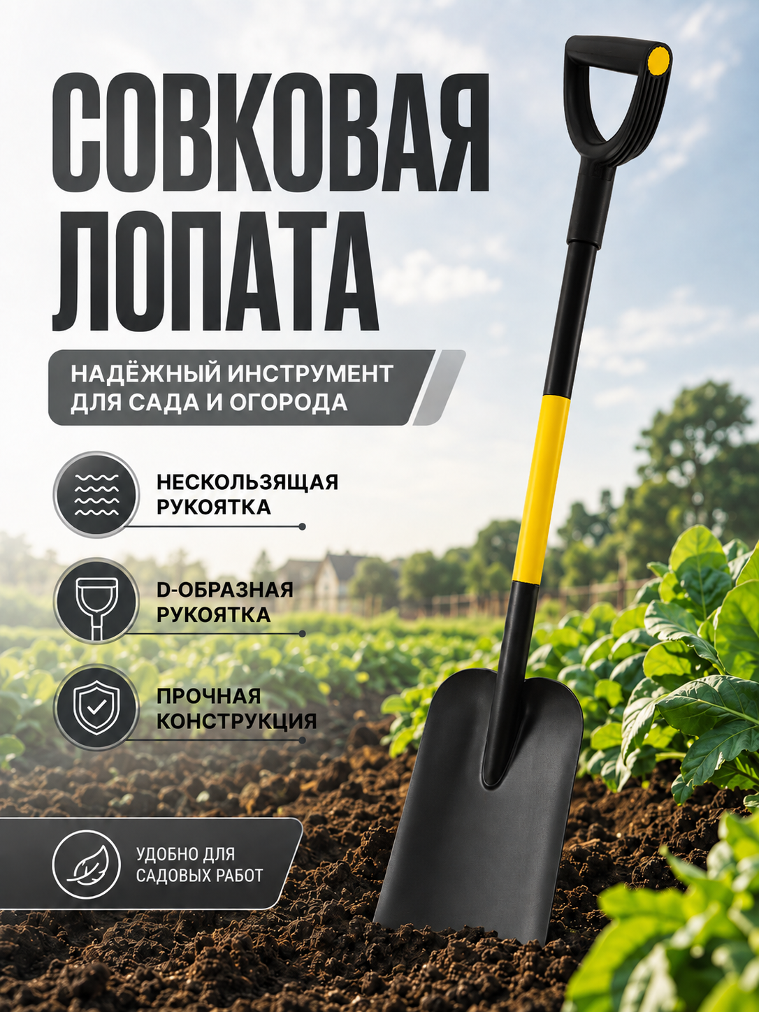 Лопата садовая вместительная, противоскользящая D-ручка, стандартный размер, подходит для копки, погрузки грунта