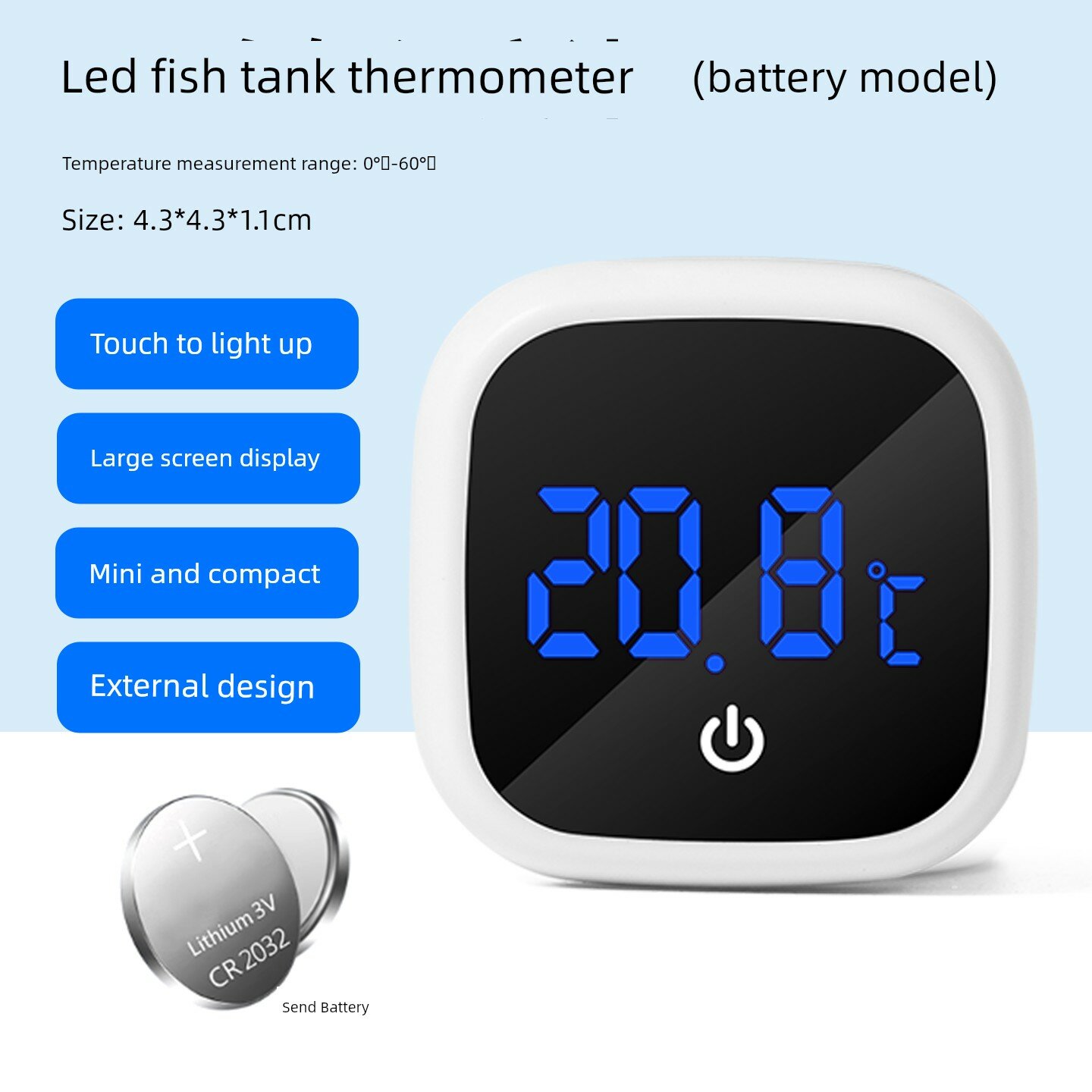 Высокоточный термометр для аквариумов и рептильных резервуаров с LED-дисплеем, точность 0.1°C, белый квадратный