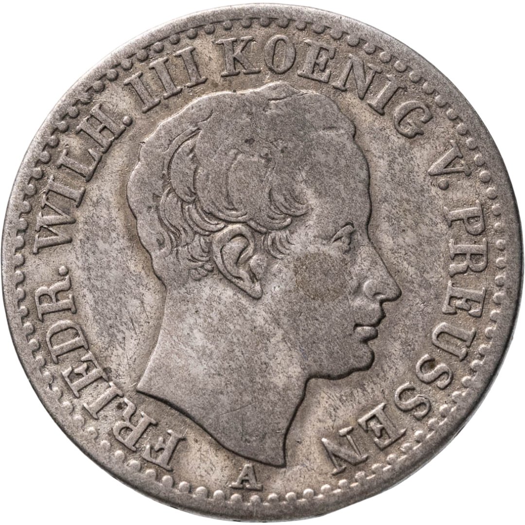 Германия Королевство Пруссия, король Фридрих Вильгельм III 1/6 талера 1839, Серебро, в сохранности VF