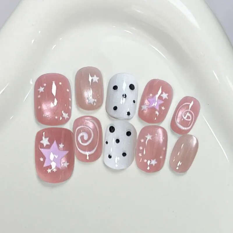 Французские накладные ногти с розами, звездами и сеткой Розовый, Style 1-M