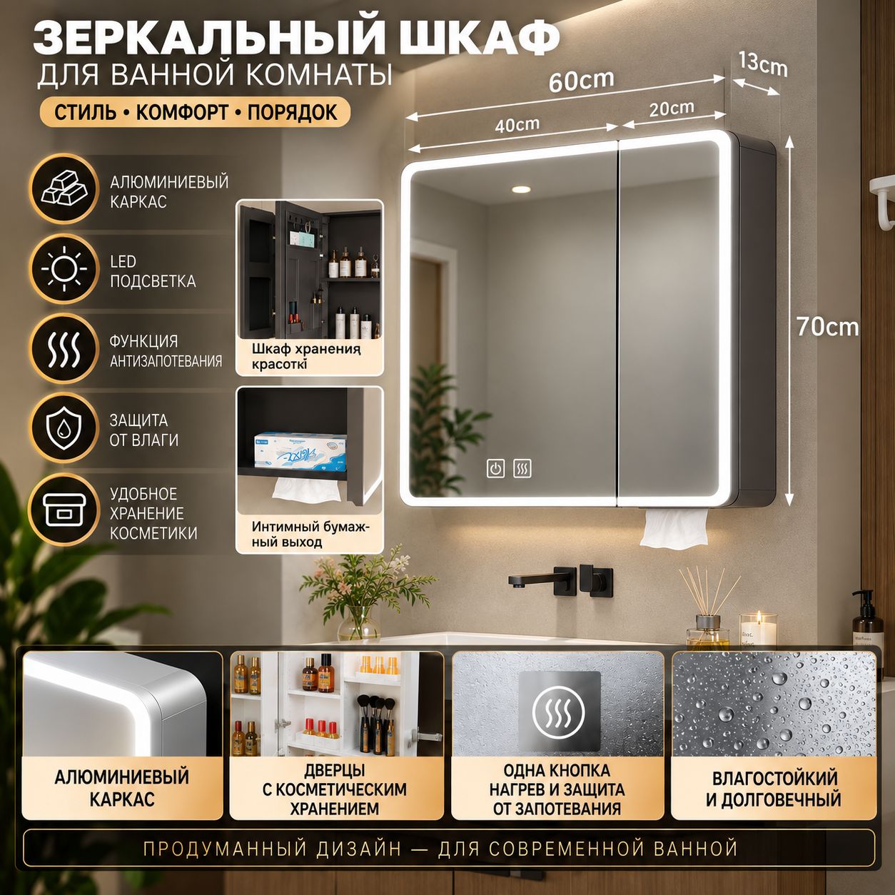 Зеркальный шкаф для ванной комнаты Arc smart beauty, зеркало с подсветкой и функцией подогрева, рама из алюминиевого сплава,65,60, серый