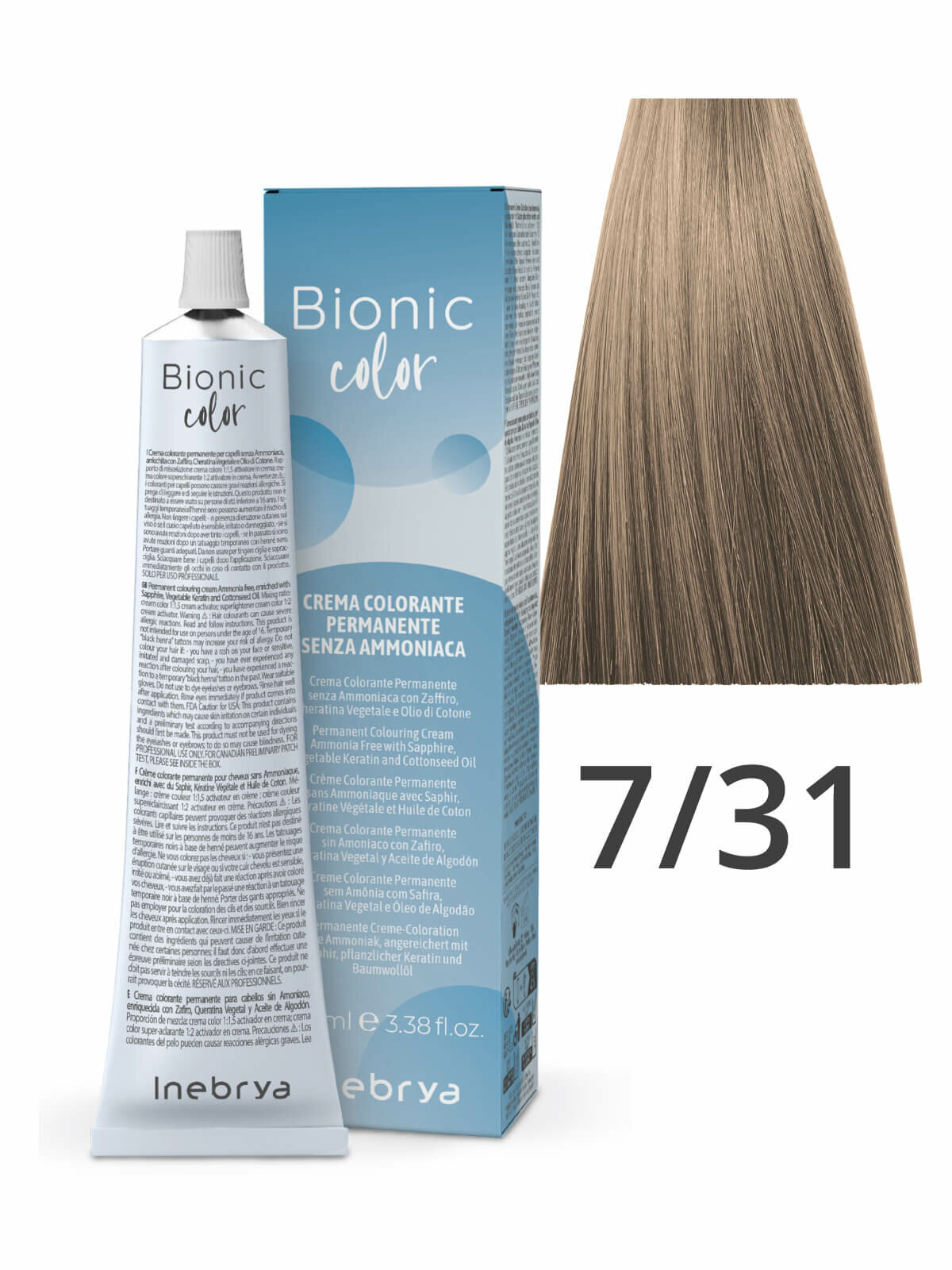 Крем - краска для волос профессиональная без аммиака Inebrya Bionic Color 7/31 Русый Золотисто-пепельный, 100 мл