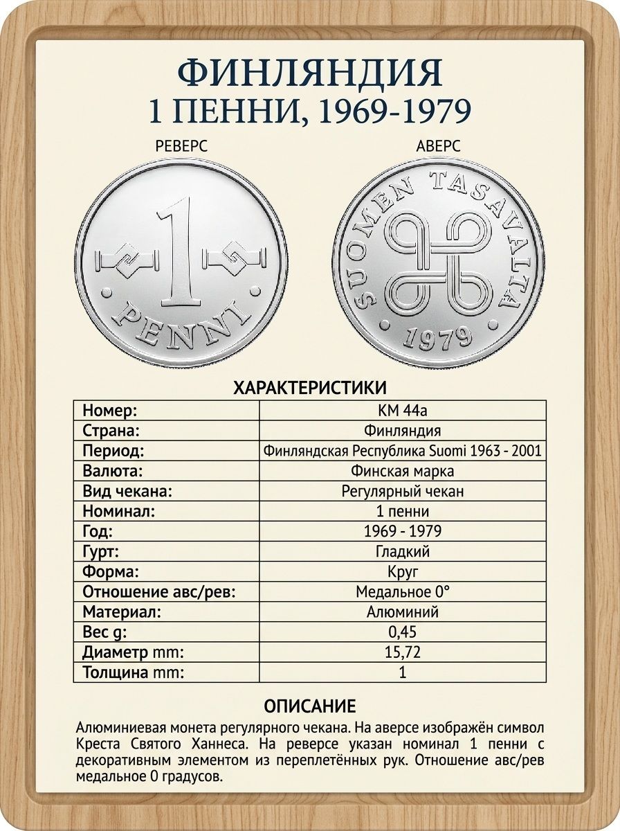 Финляндия 1 пенни, 1979 Крест Святого Ханнеса XF