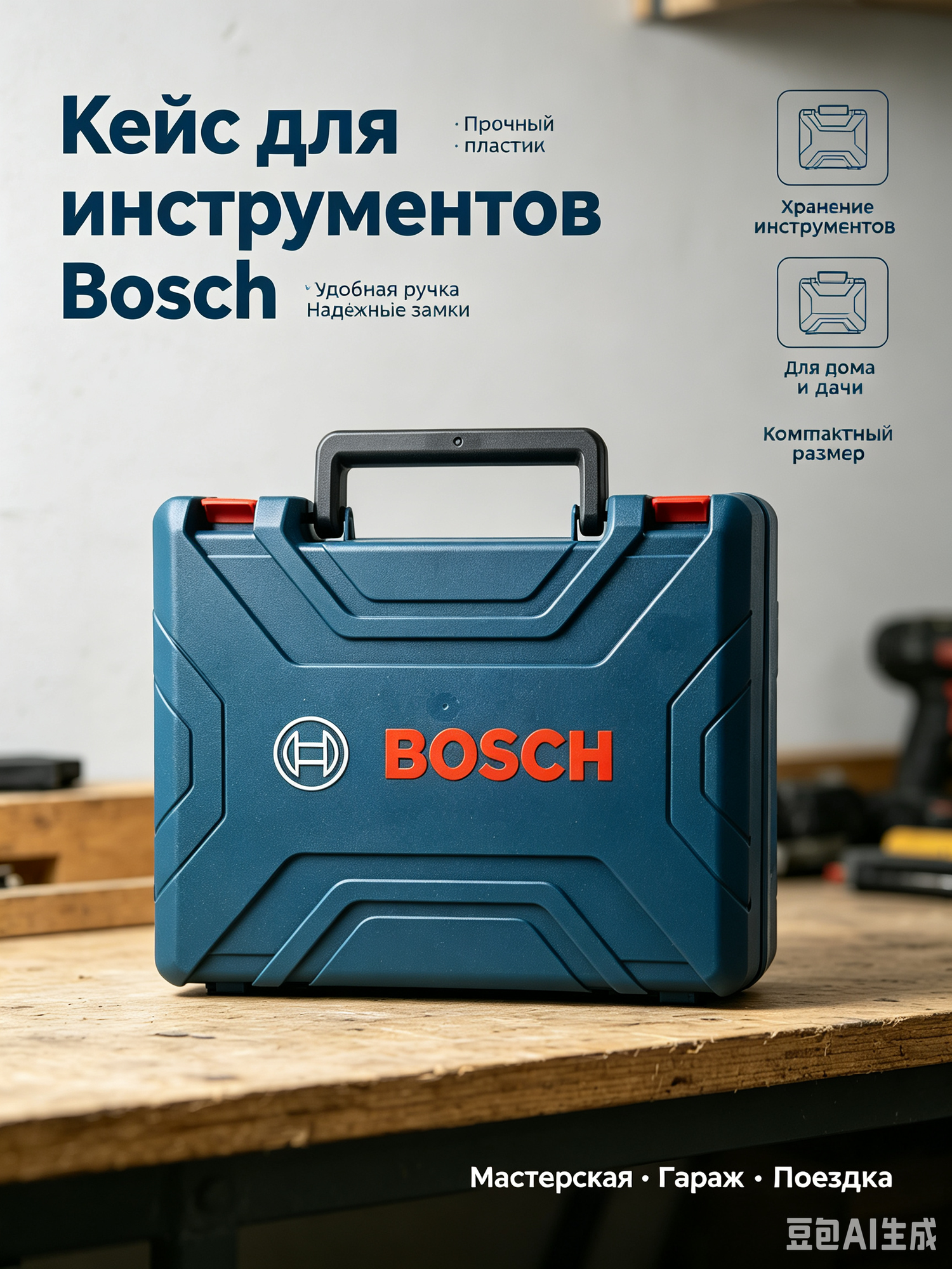 Ящик для инструментов Bosch, полипропилен, тёмно-синий с красным логотипом, с ручкой и замком