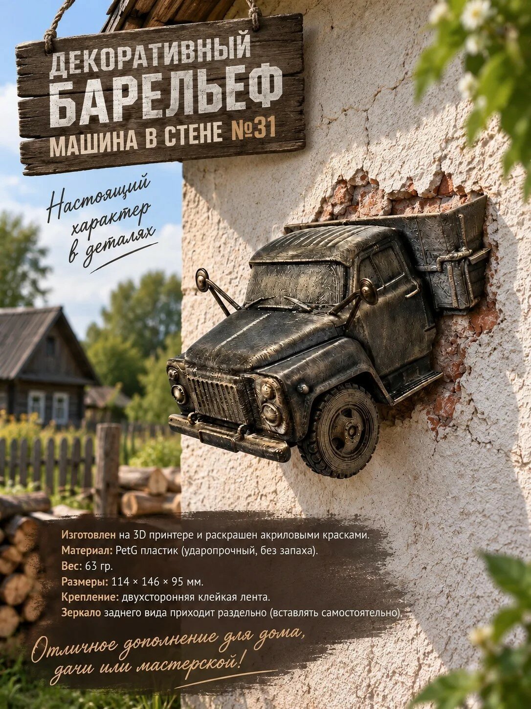 Декоративный настенный барельеф М3Д «Машина в стене №31»
