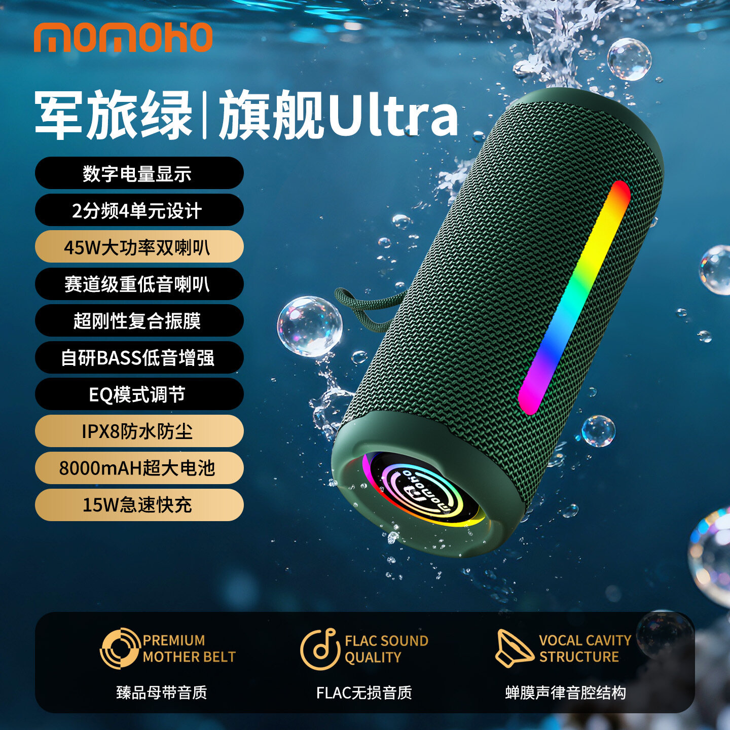 Многоцветная портативная Bluetooth-колонка с двумя динамиками, водонепроницаемая, для велосипеда и ванной комнаты, с эффектом калейдоскопа и сабвуфером.
