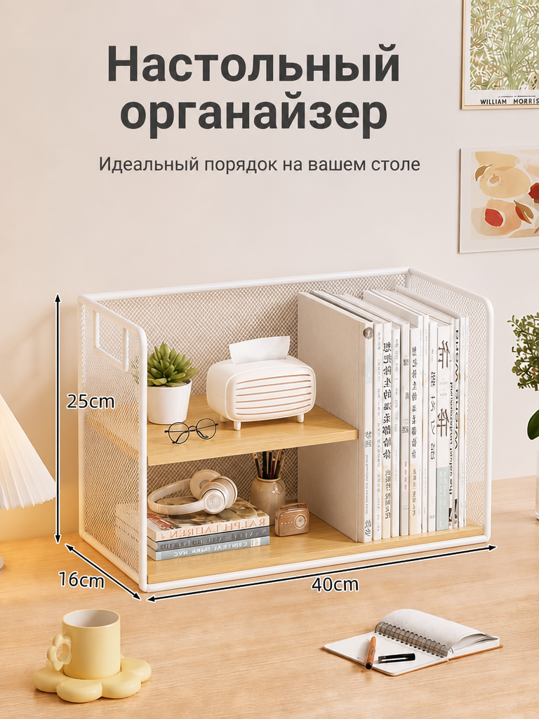 Белая металлическая полка с деревянными полками, 2 яруса, длина 40 см