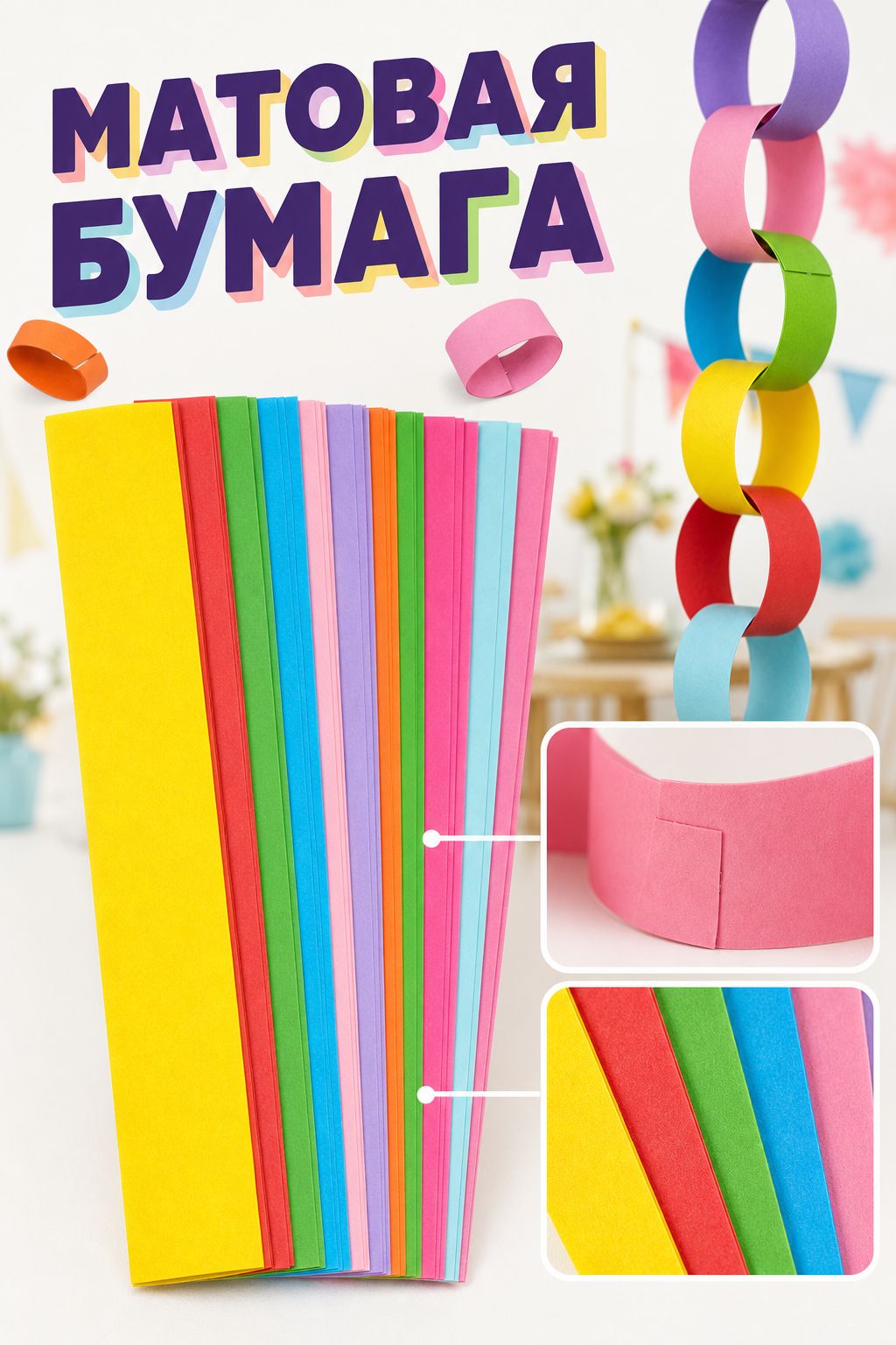 DIY Цветная бумажная цепь Бумажная лента 100 шт, размер 2 * 21.5 см