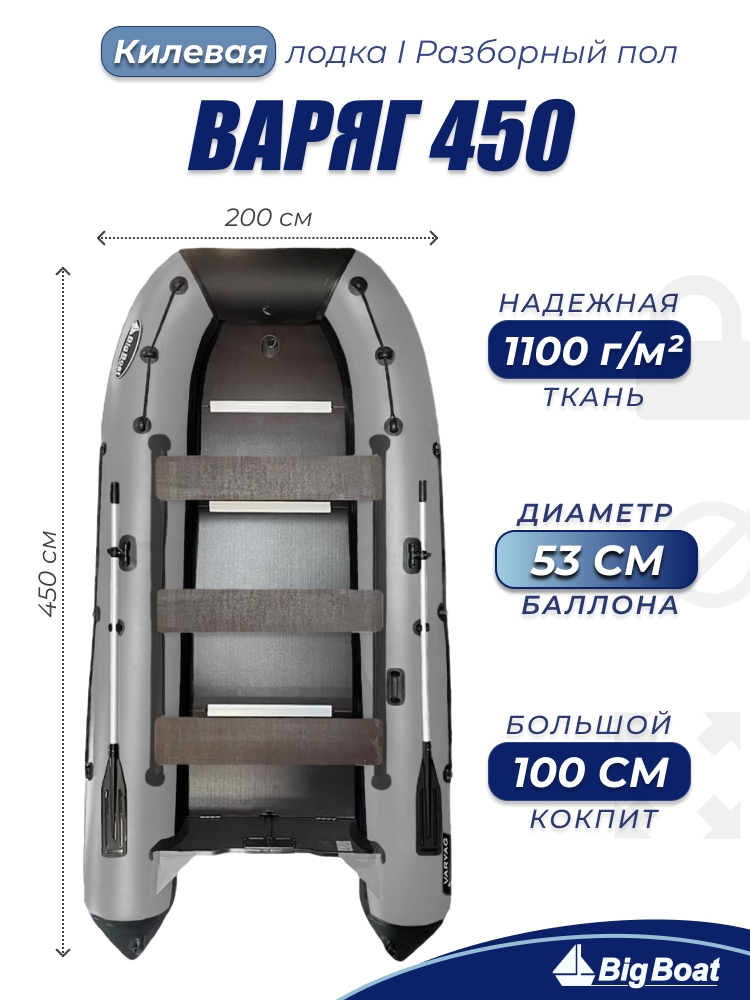 Надувная, под мотор, килевая лодка из ПВХ для рыбалки Varyag (Варяг) 450