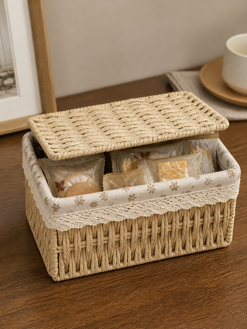 Короб плетёный с крышкой, для мелочей, косметики и закусок, 22×16×11 см, бежевый, 1 шт