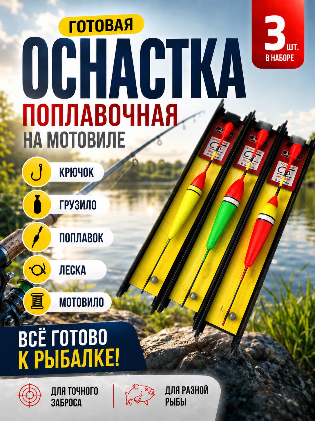 Оснастка готовая поплавочная 3шт. Набор поплавков для рыбалки на мотовиле