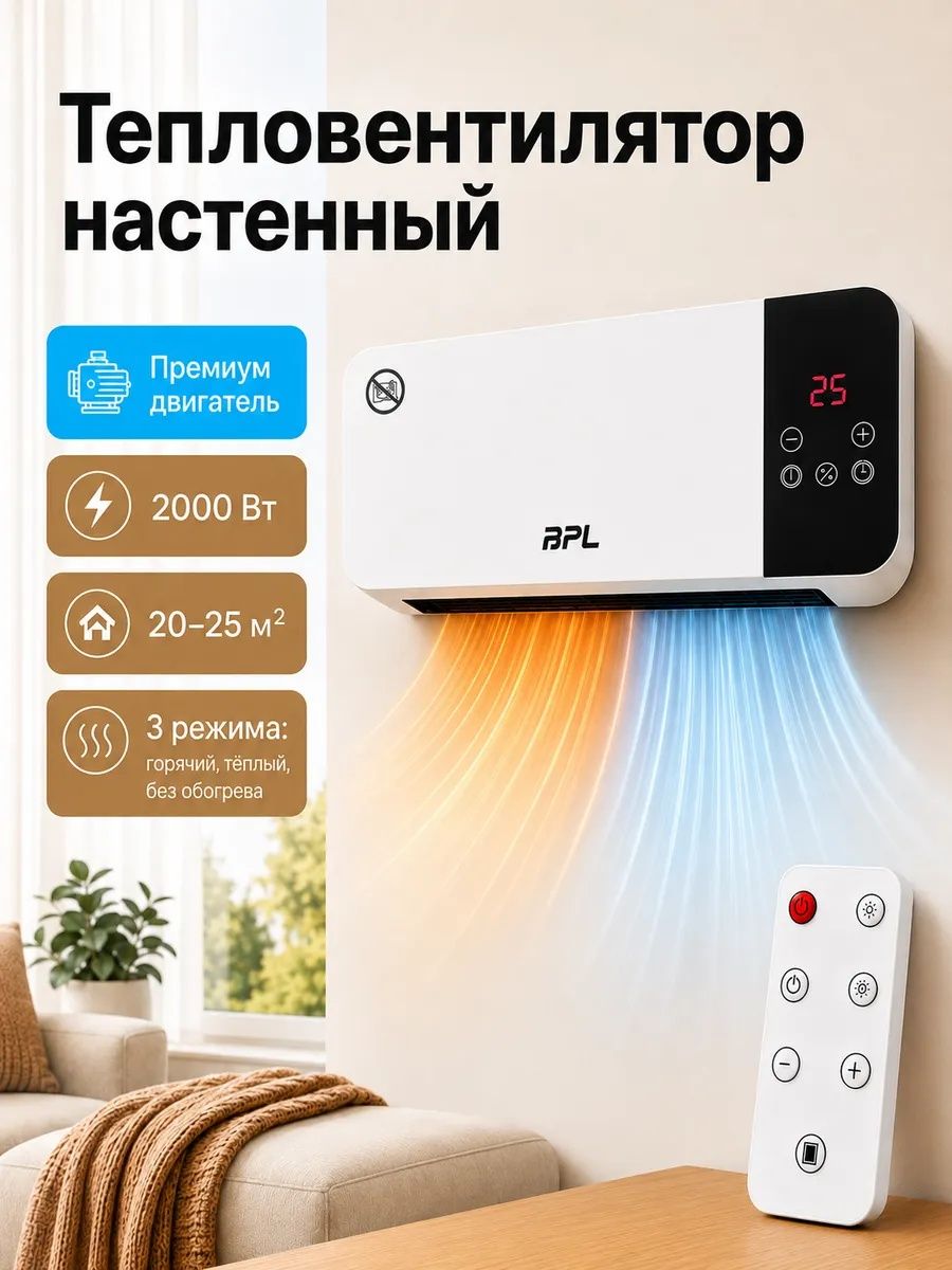 Тепловентилятор настенный 2000 Вт с пультом