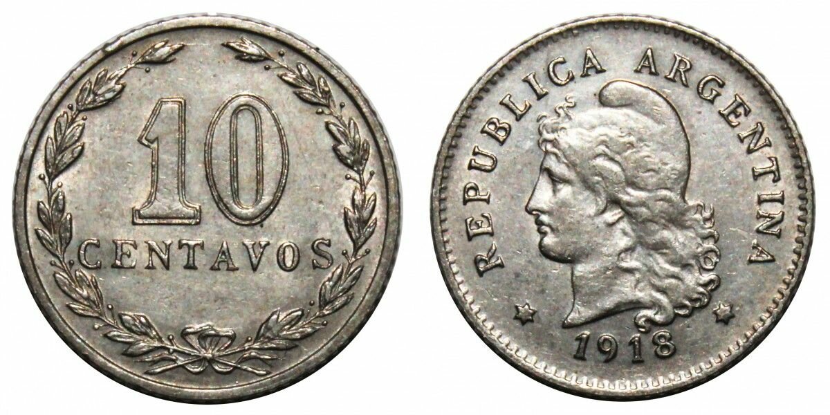 Аргентина 10 сентаво, 1896 - 1942 Свобода VF