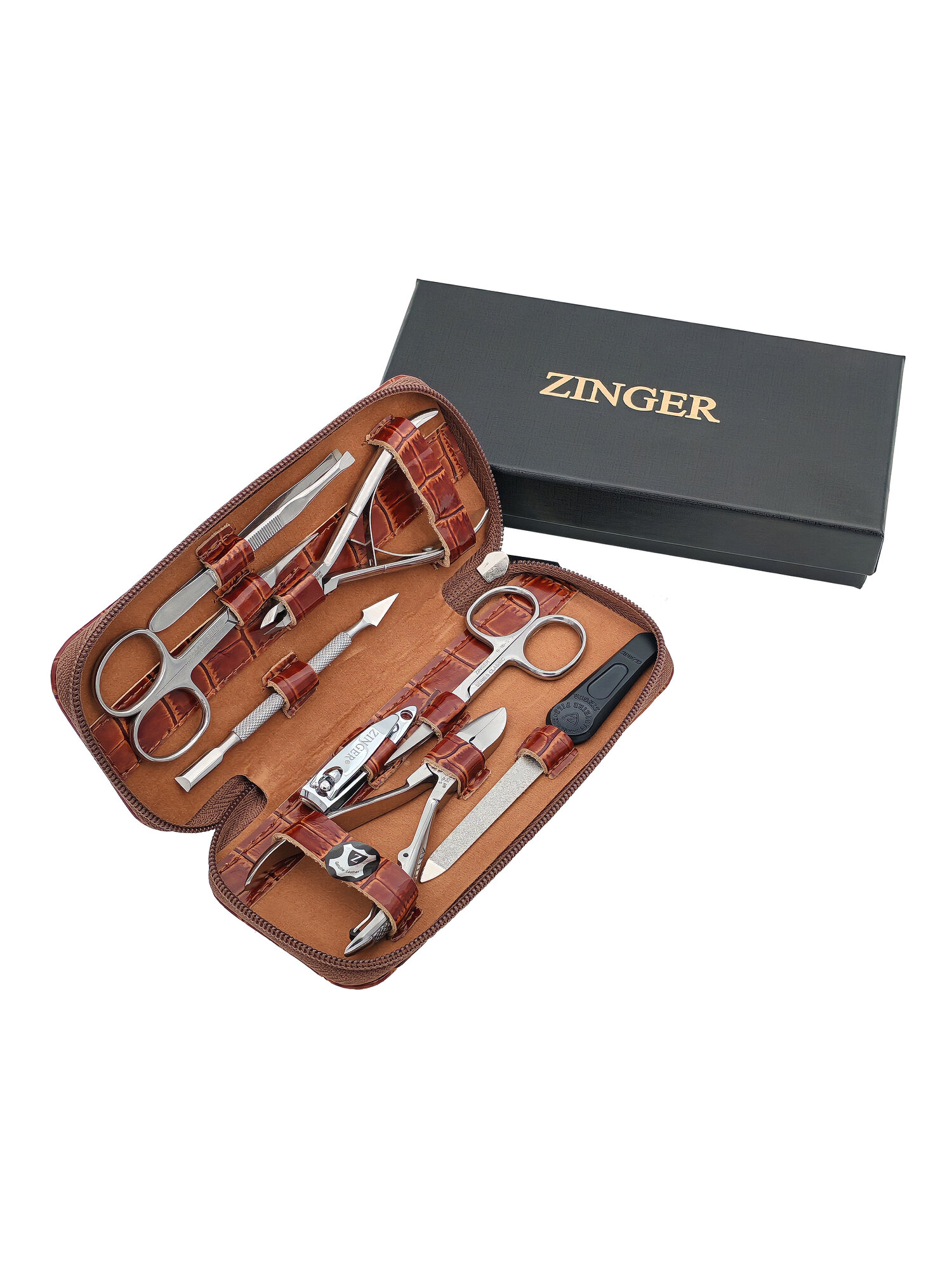 Маникюрный набор Zinger MS-7106, 8 предметов, медицинская сталь, натуральная кожа/коричневый лак