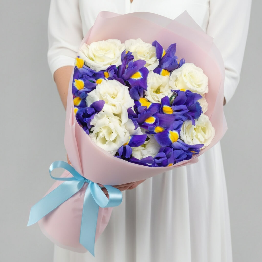 Дуо-букет Мегацвет24 "Эустомы и ирисы", мини, дизайнерская упаковка