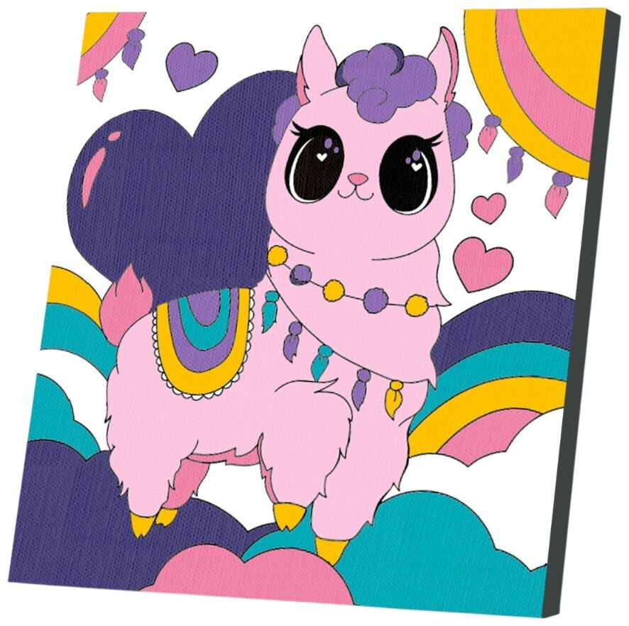 Картина по номерам "Волшебная лама" на холсте с подрамником, раскраска для детей, набор для творчества, живописи и рисования, в комплекте морозостойкие краски 6 цветов, 15х15 см