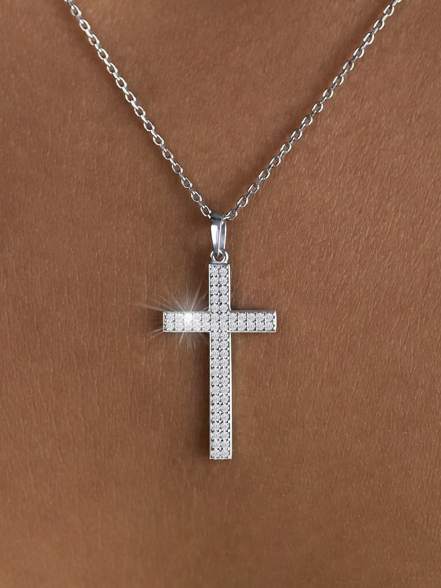 Крестик, серебро, 925 проба, родирование, фианит