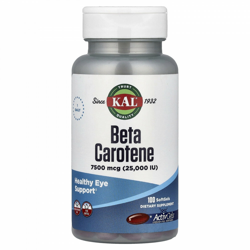 KAL, Бета-каротин, 7500 мкг (25000 МЕ), 100 мягких таблеток