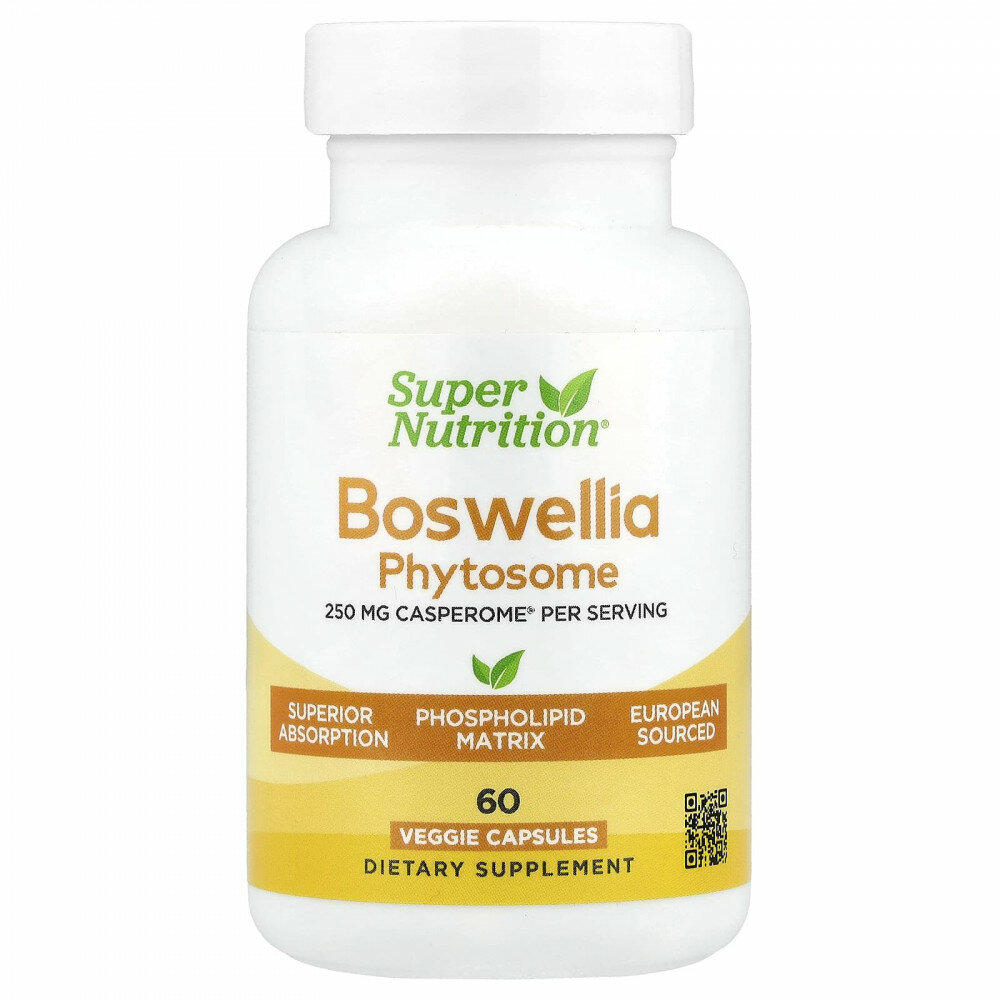 Super Nutrition, Boswellia Phytosome, фитосома босвеллии пильчатой с подсолнечным лецитином, 250 мг, 60 растительных капсул