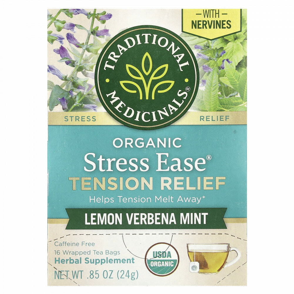 Traditional Medicinals, Organic Stress Ease®, средство для снятия напряжения, лимонная вербена и мята, без кофеина, 16 чайных пакетиков в упаковке, 24 г (0,85 унции)