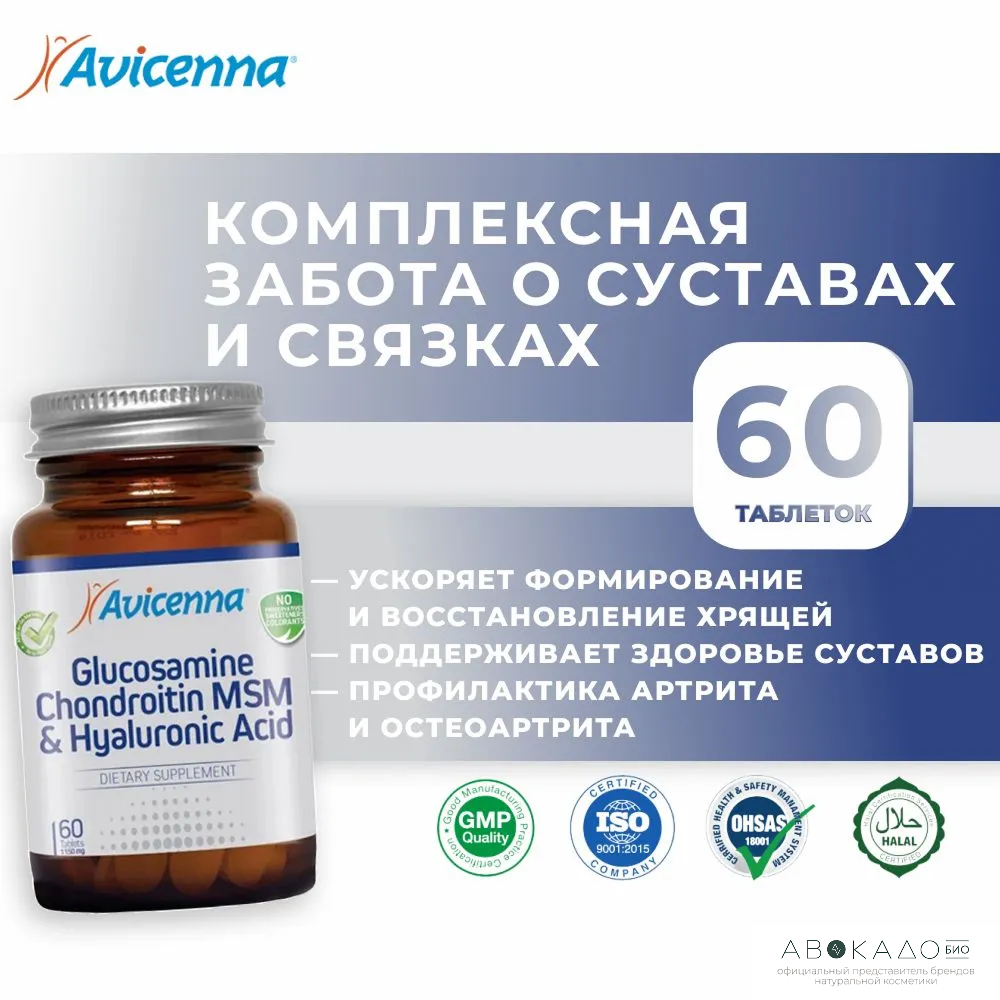 Avicenna Глюкозамин Хондроитин MSM и Гиалуроновая кислота 60 таблеток по 1150 мг