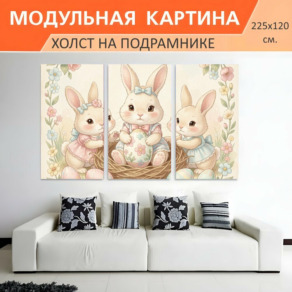 Модульная картина на холсте "Пасхальные кролики с яйцами. Нежная акварельная композиция с тремя милыми зайчатами в пастельных." триптих на подрамнике 225х120 см. для интерьера