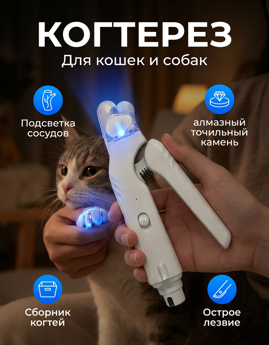 Когтерезка с подсветкой и контейнером для кошек и мелких-средних собак с ограничителем длины реза